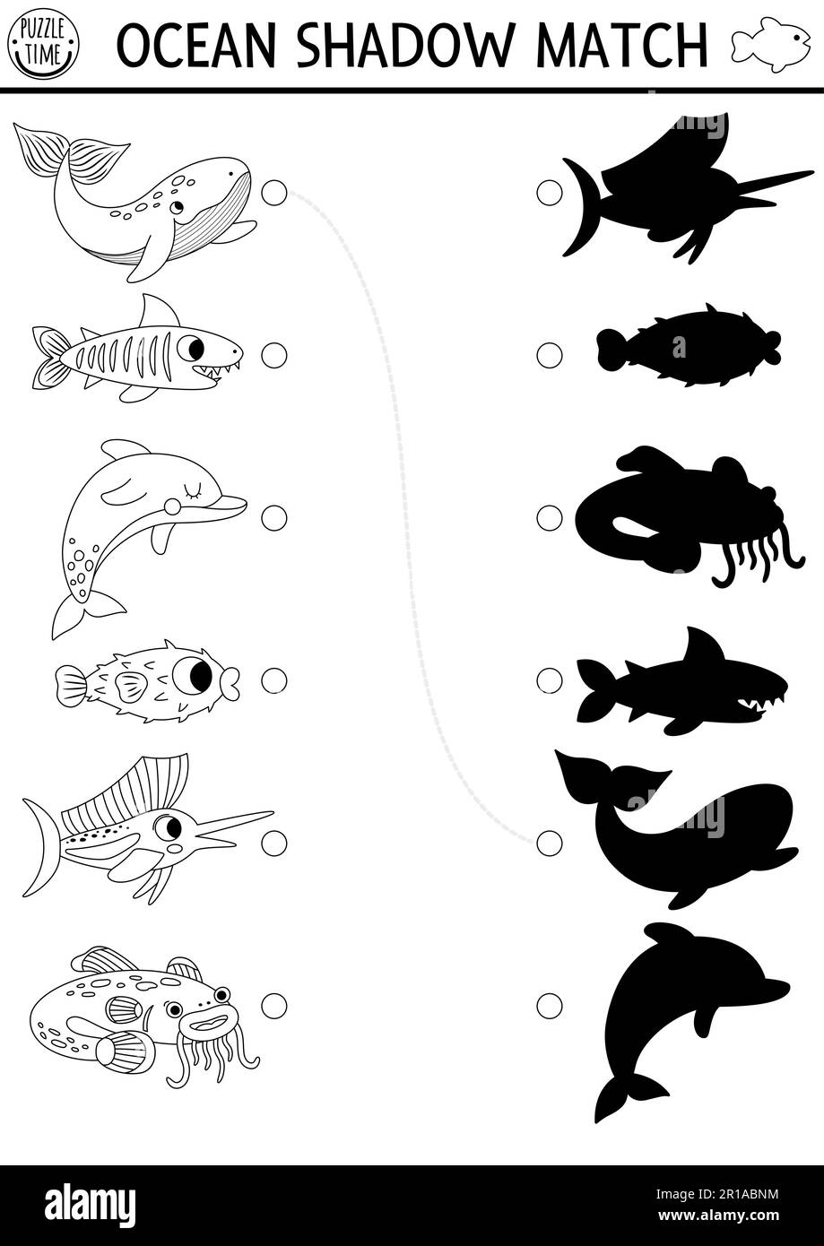 Under the sea black and white shadow matching activity with fish. Ocean ...
