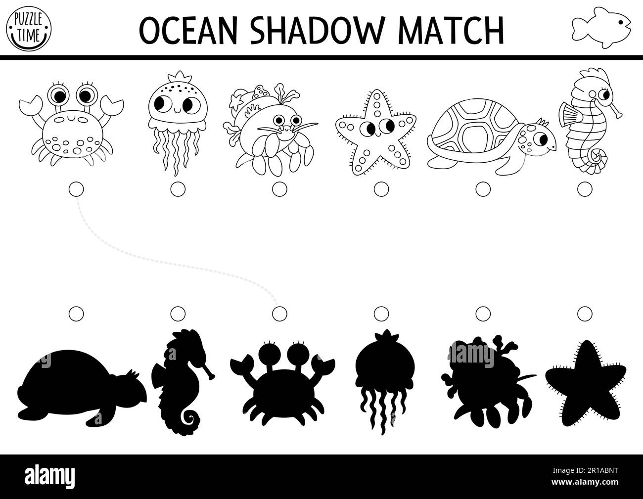 Under the sea black and white shadow matching activity. Ocean line ...