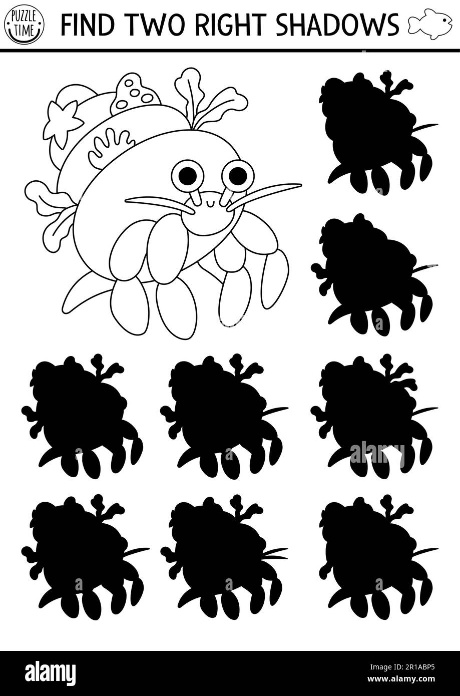 Under the sea black and white shadow matching activity. Ocean line ...