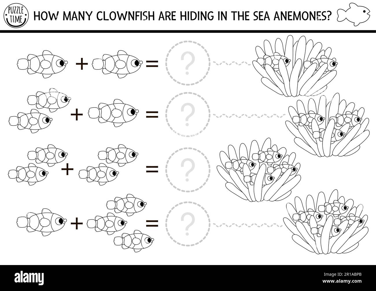 How many clownfish game. Under the sea black and white math addition ...