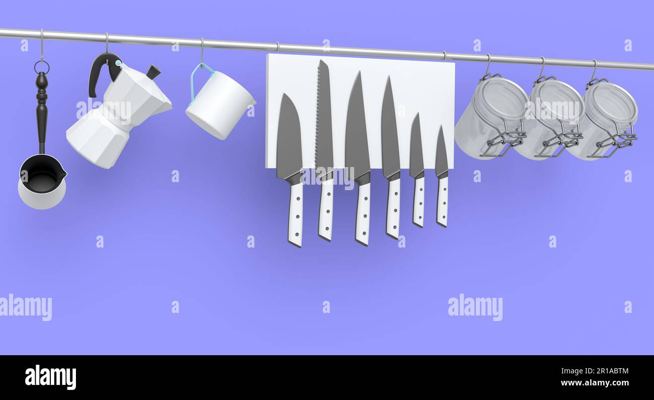 Set of kitchen utensil, knives, stewpot, frying pan and chrome cookware ...