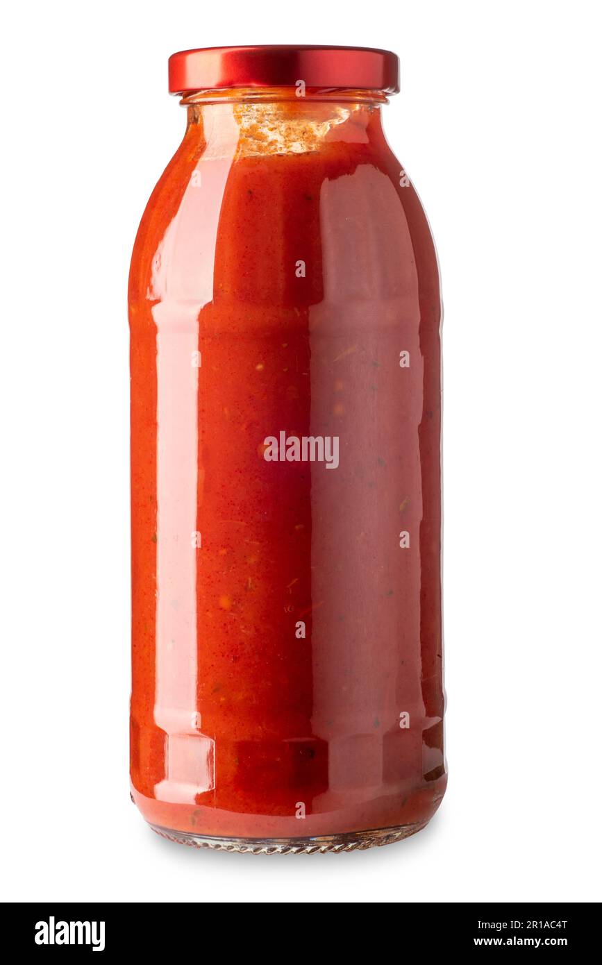 Tomato sauce in glass jar with red cap, isolated on white with clipping ...