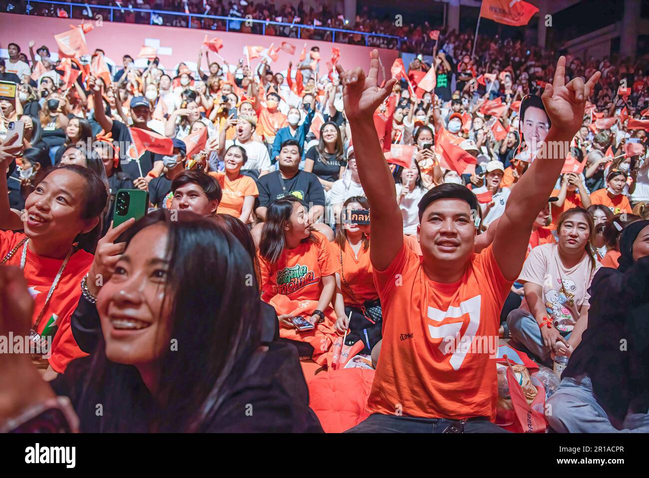 Bangkok, Thailand. 12th May, 2023. The Move Forward supporters shout slogans during the major ...