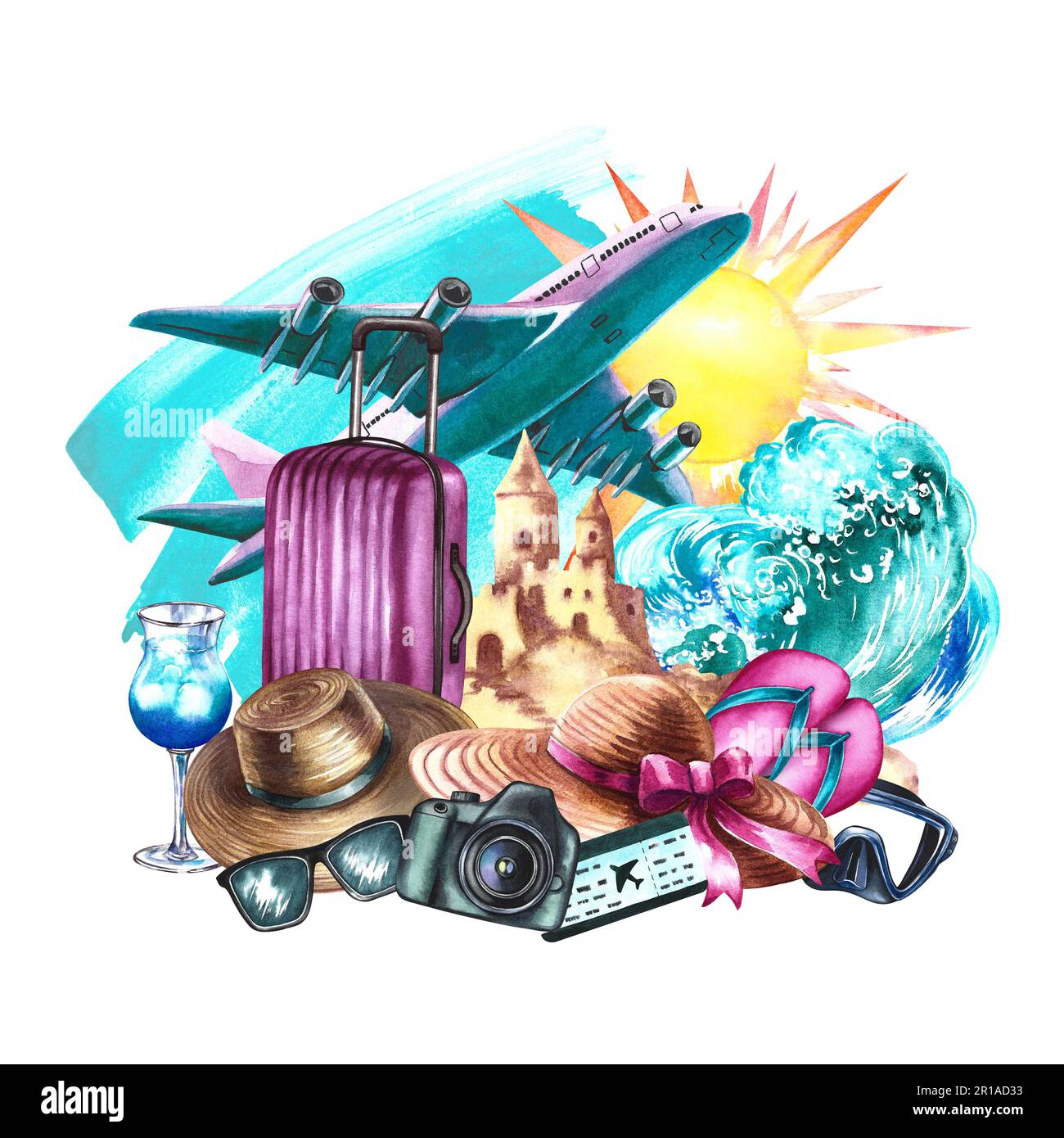 Travel to the sea by plane. Composition depicting an airplane, the sea ...