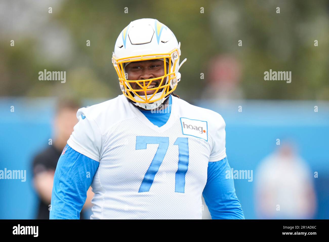 Los Angeles Chargers offensive lineman Jordan McFadden (71) smiles ...