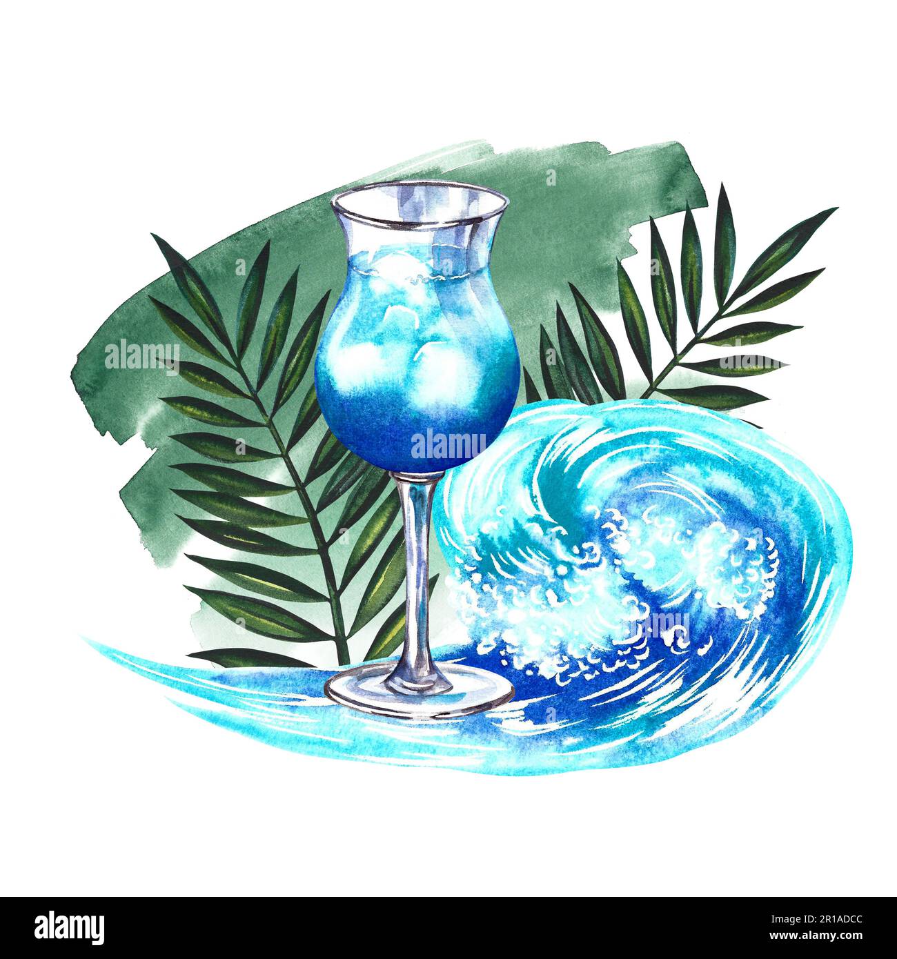 Blue Lagoon Cocktail. Composition depicting a blue drink and a sea wave ...