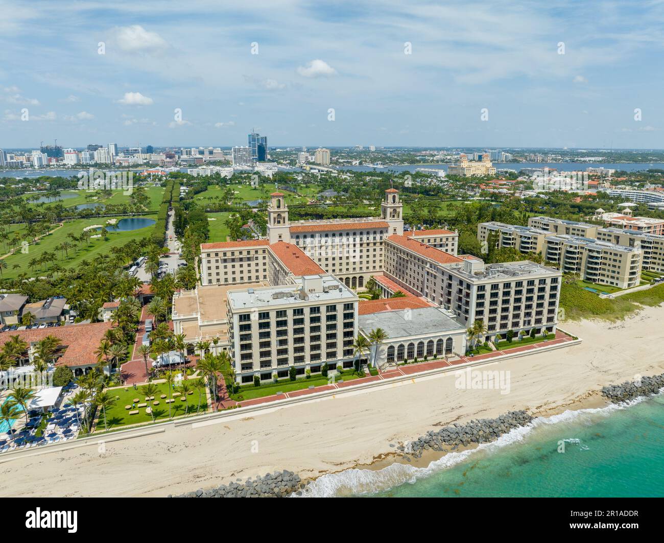 Palm Beach, FL, USA - May 11, 2023: Aerial photo The Breakers Palm ...