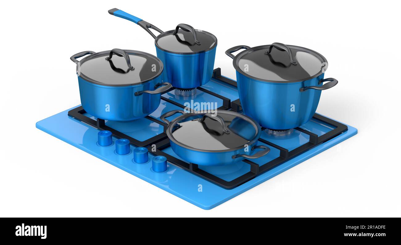 Frying pan and stewpot with glass lid on electric or gas stove cooker ...