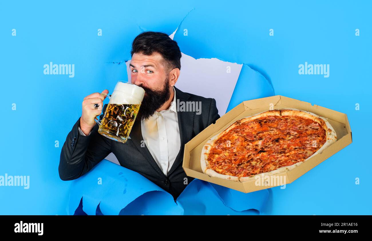 Pizza time. Bearded man with pizza drinks beer mug. Pizza delivery ...