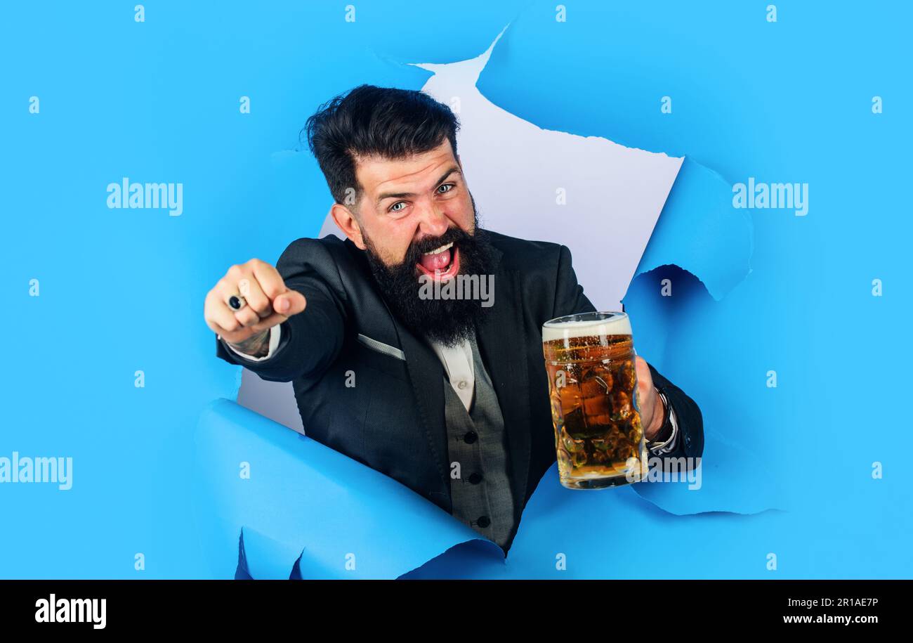 Beer time. Oktoberfest festival. Bearded man with craft beer looking ...