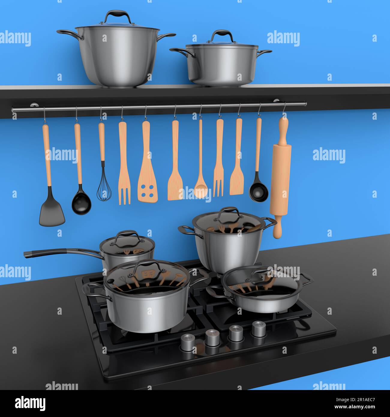 Set of kitchen utensil, stewpot, frying pan and chrome cookware hanging ...