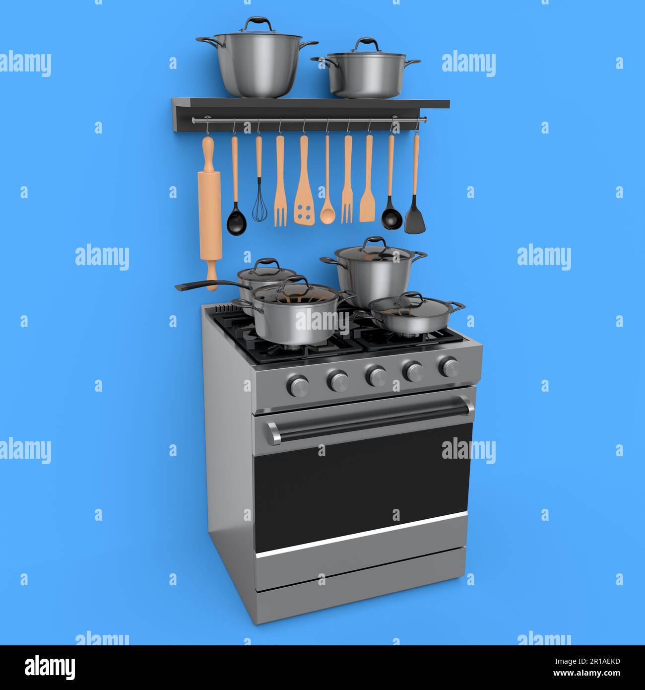 Set of kitchen utensil, stewpot, frying pan and chrome cookware hanging ...