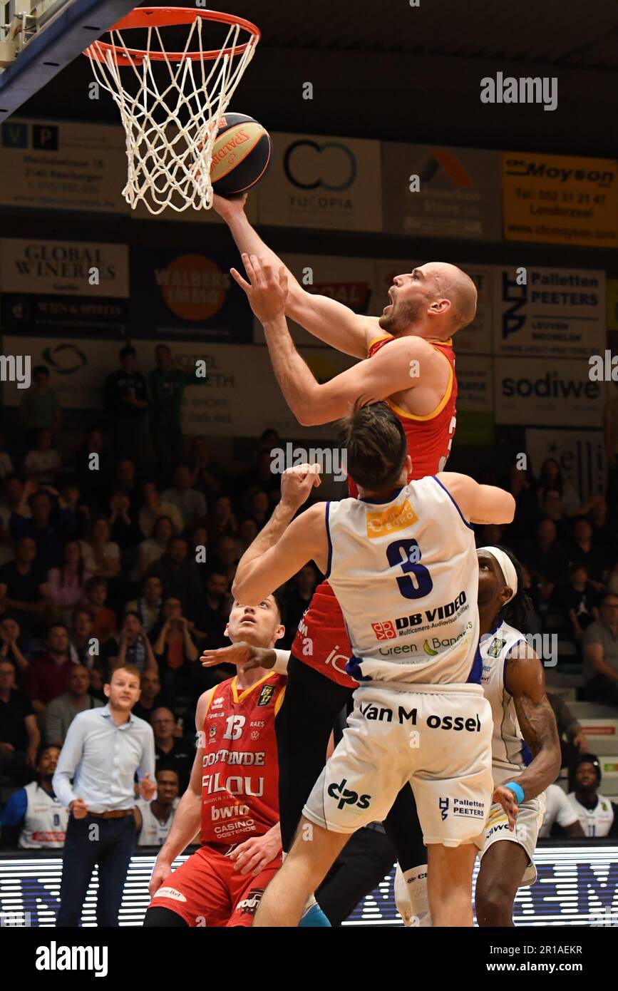 Mechelen, Belgium. 12th May, 2023. Oostende's Pierre-Antoine Gillet and ...