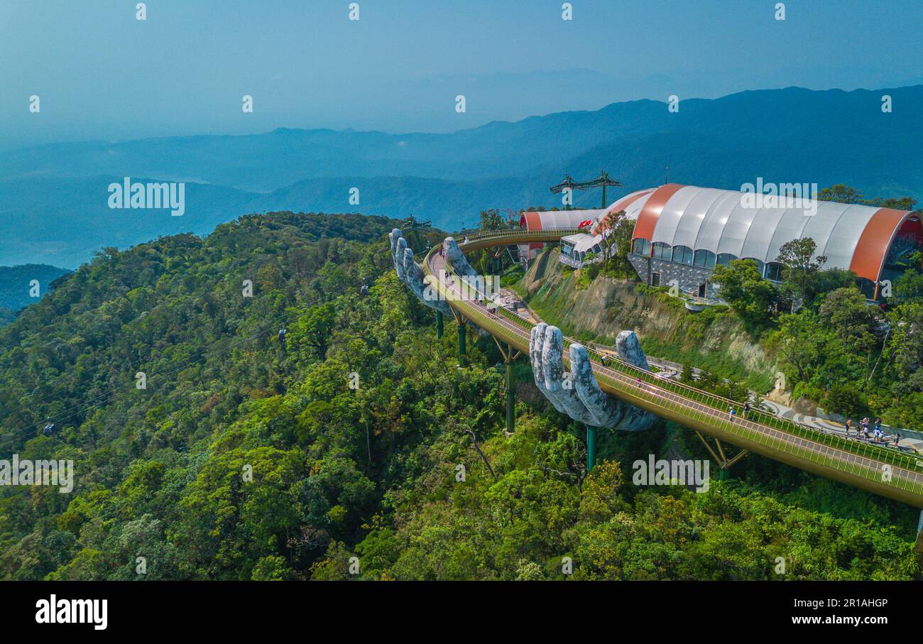 Aerial view of the Golden Bridge in Ba Na hills, Da Nang, Vietnam ...