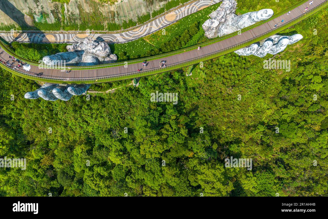 Aerial view of the Golden Bridge in Ba Na hills, Da Nang, Vietnam ...