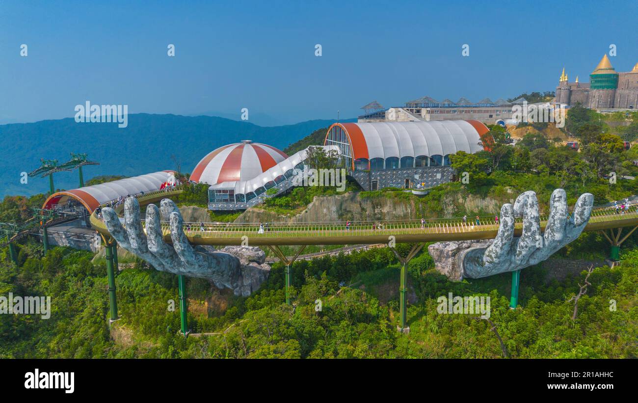 Aerial view of the Golden Bridge in Ba Na hills, Da Nang, Vietnam ...