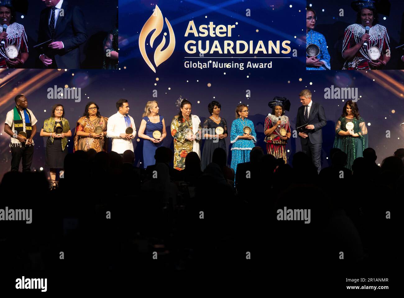 EDITORIAL USE ONLY The 10 finalists on stage at the Aster Guardians ...