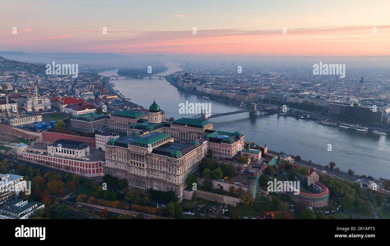 Aerial skyline view of Budapest with Buda Castle Royal Palace and River ...