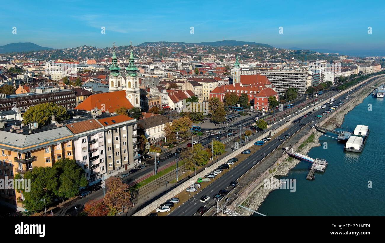Aerial view of Budapest city skyline, Batthyany Square or Batthyany ter ...