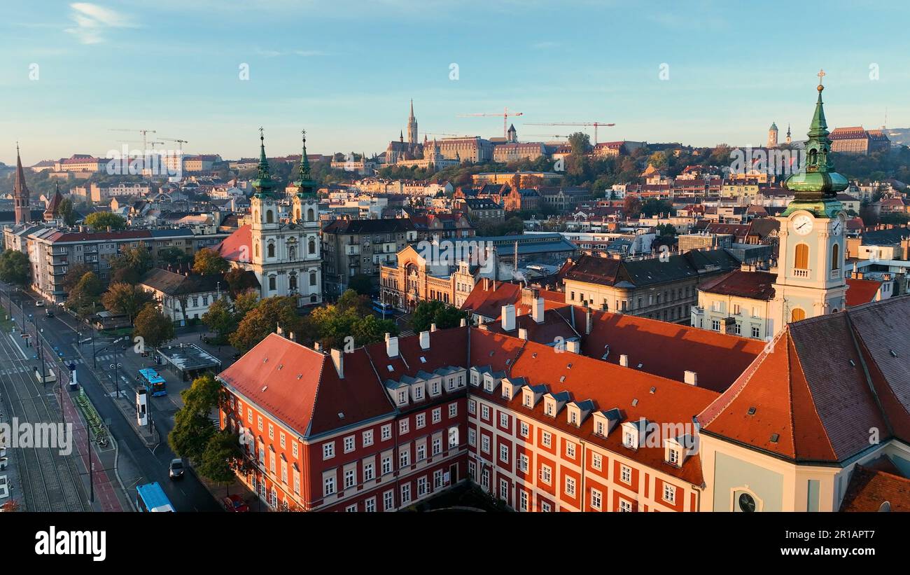 Aerial view of Budapest city skyline, Batthyany Square or Batthyany ter ...