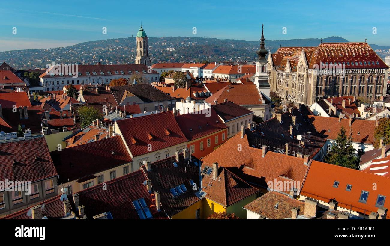 Aerial view of Budapest city skyline. Church of Mary Magdalene of Buda ...