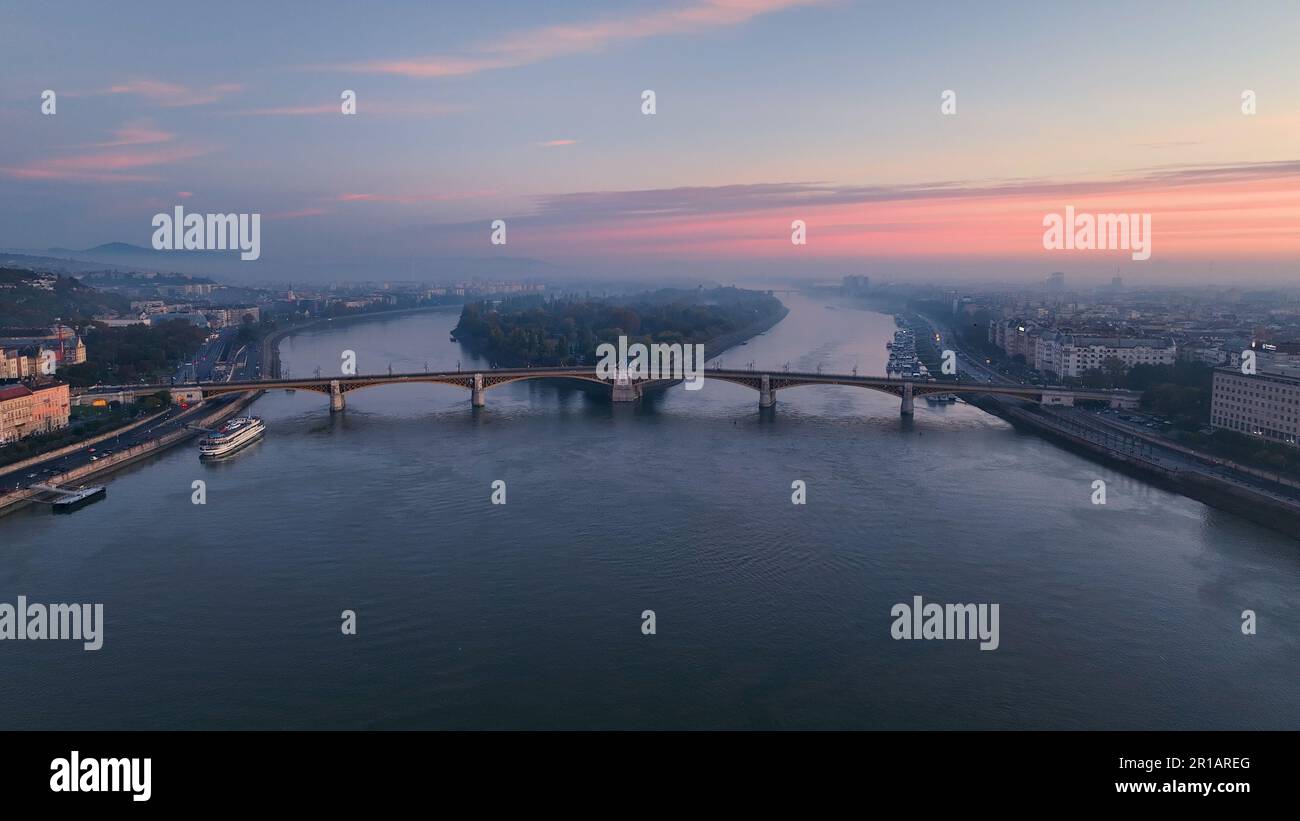 Aerial view of Budapest Margaret Bridge or Margit hid over River Danube ...