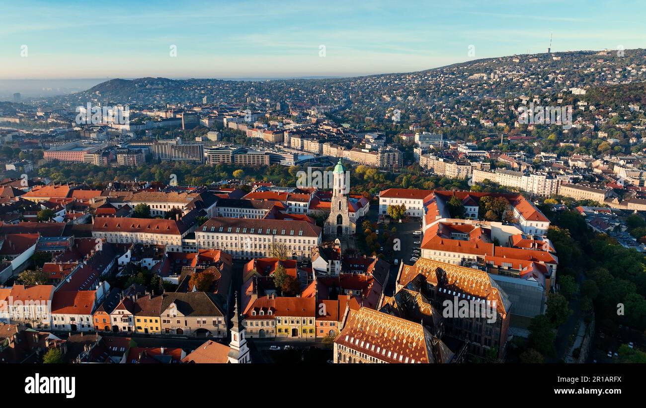 Aerial view of Budapest city skyline. Church of Mary Magdalene of Buda ...