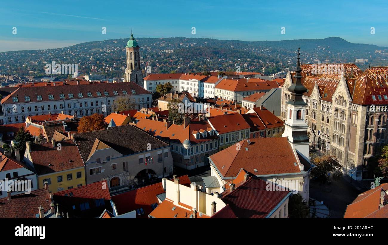 Aerial view of Budapest city skyline. Church of Mary Magdalene of Buda ...