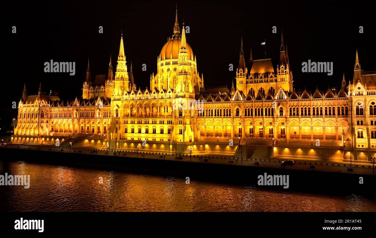 Aerial view of Budapest Hungarian Parliament Building at night. Travel ...