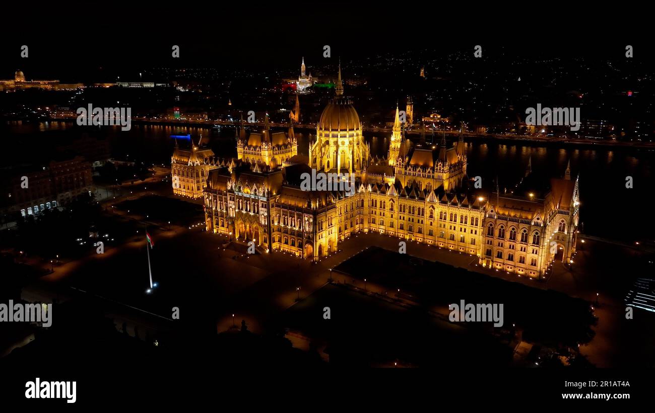 Aerial view of Budapest Hungarian Parliament Building at night. Travel ...