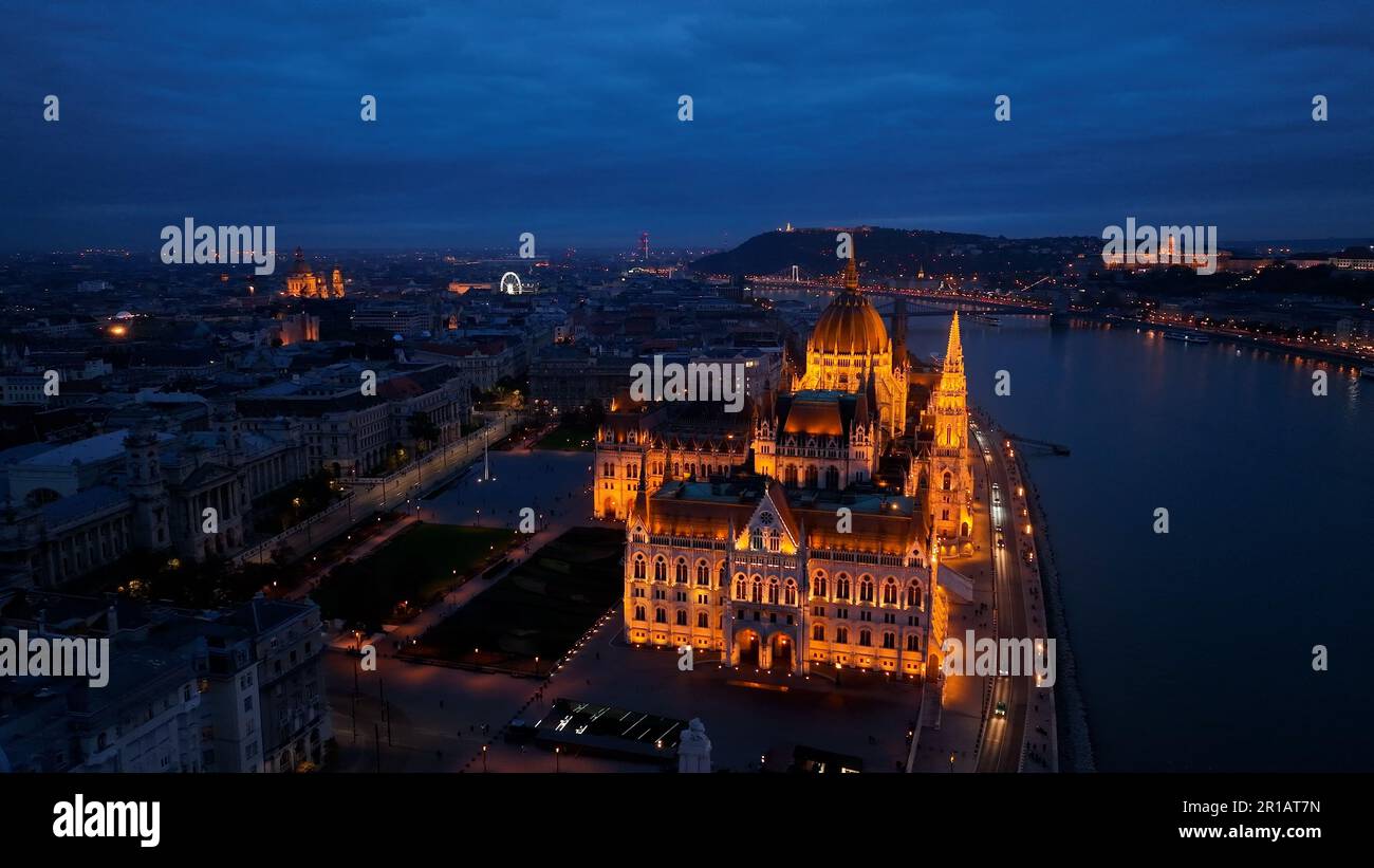 Aerial view of Budapest Hungarian Parliament Building at night. Travel ...