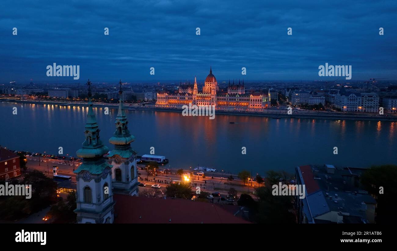 Aerial view of Budapest Hungarian Parliament Building at night. Travel ...