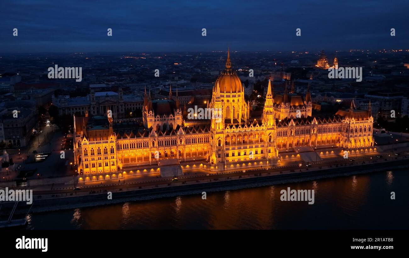 Aerial view of Budapest Hungarian Parliament Building at night. Travel ...