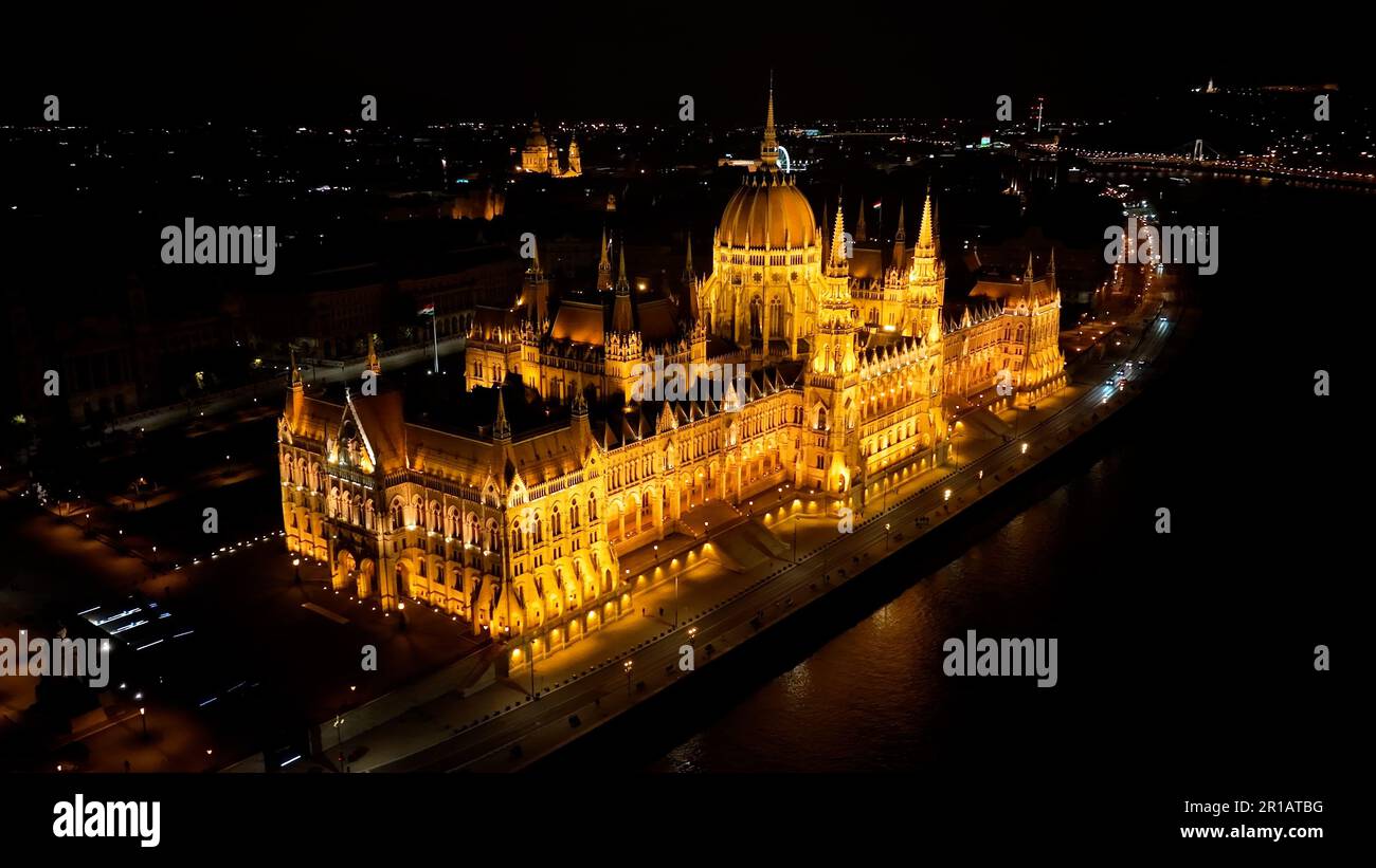 Aerial view of Budapest Hungarian Parliament Building at night. Travel ...
