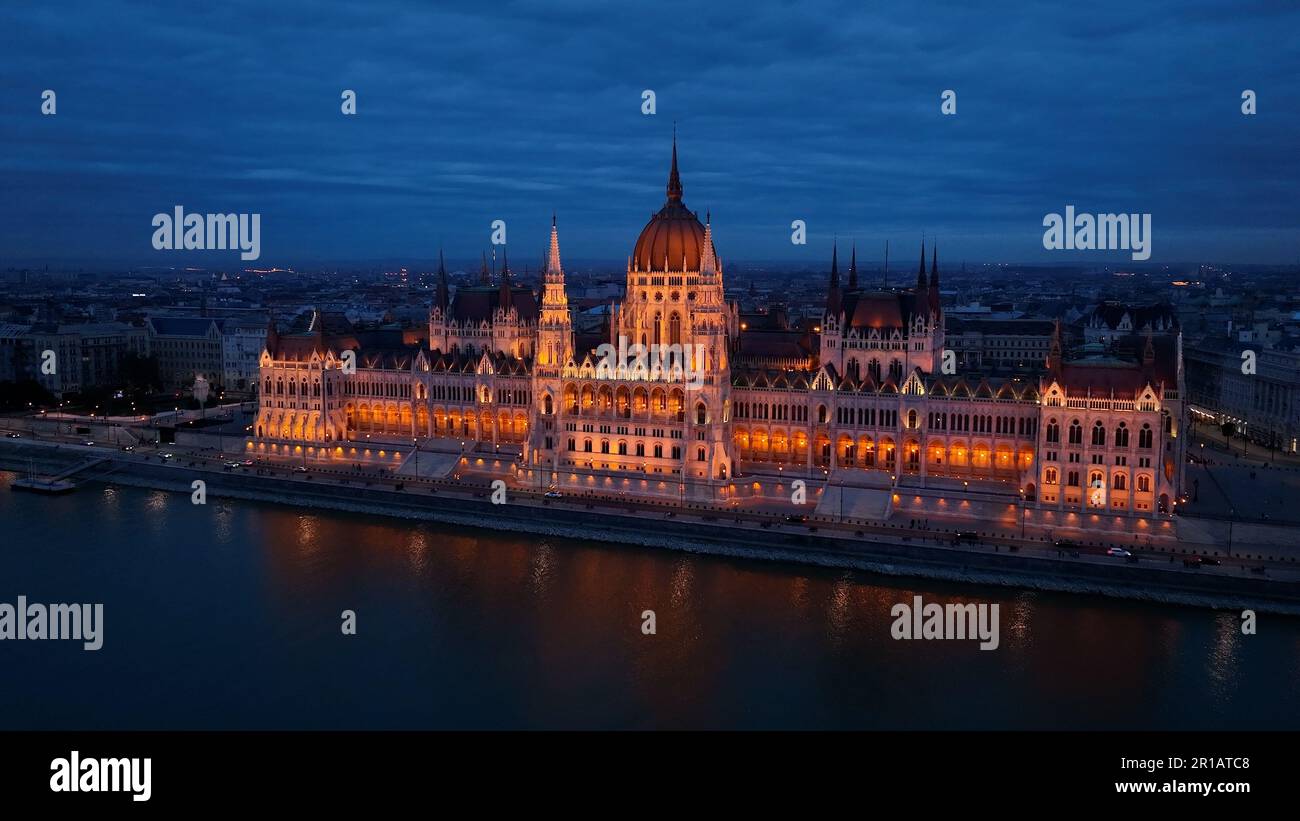 Aerial view of Budapest Hungarian Parliament Building at night. Travel ...