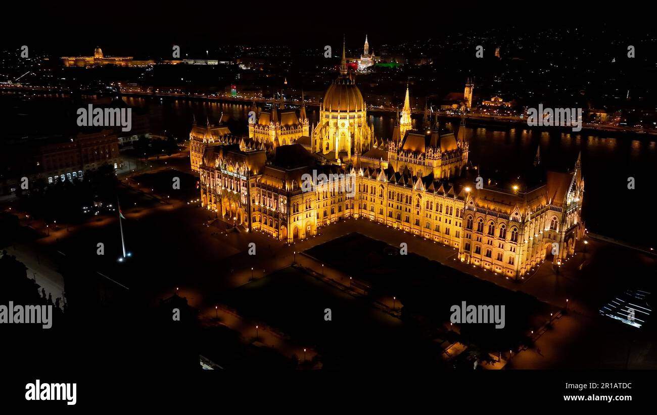 Aerial view of Budapest Hungarian Parliament Building at night. Travel ...