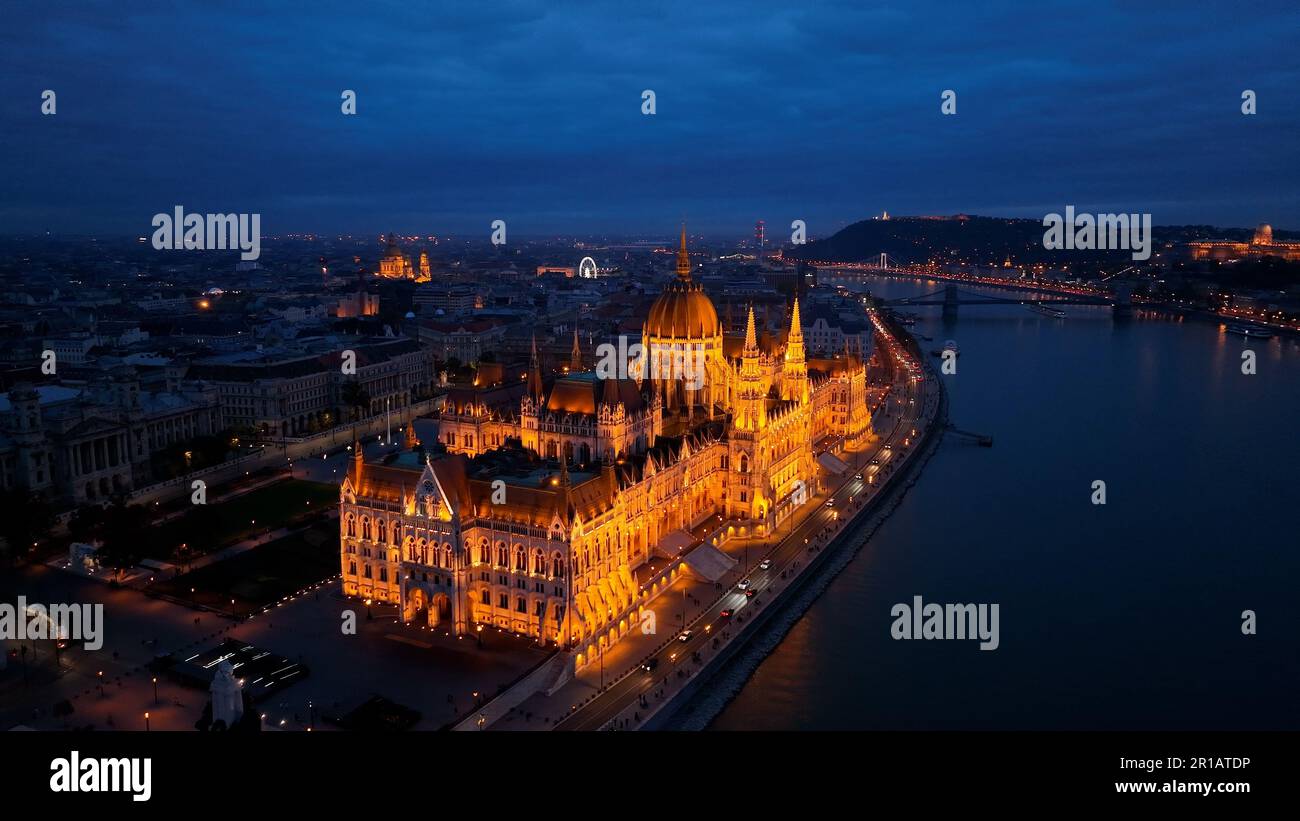Aerial view of Budapest Hungarian Parliament Building at night. Travel ...