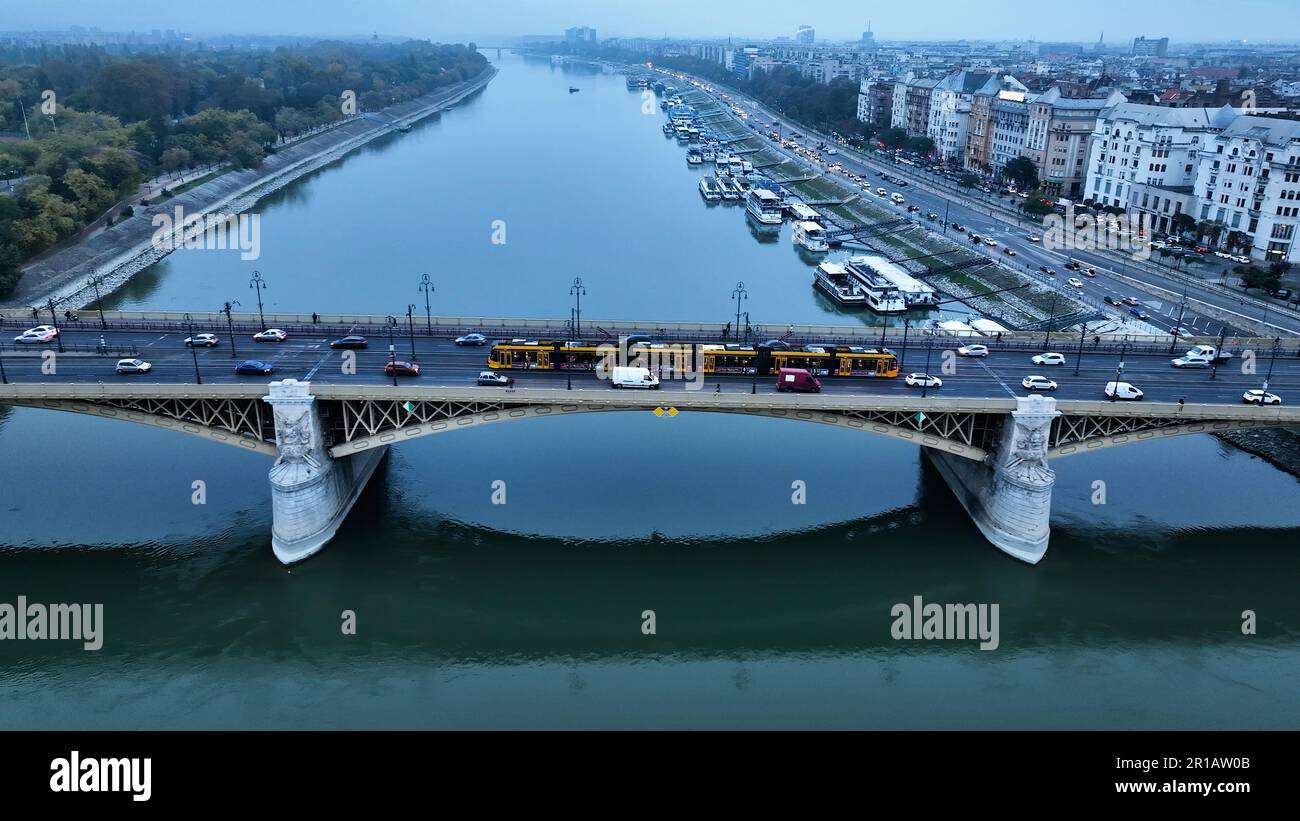 Aerial view of Budapest Margaret Bridge or Margit hid over River Danube ...