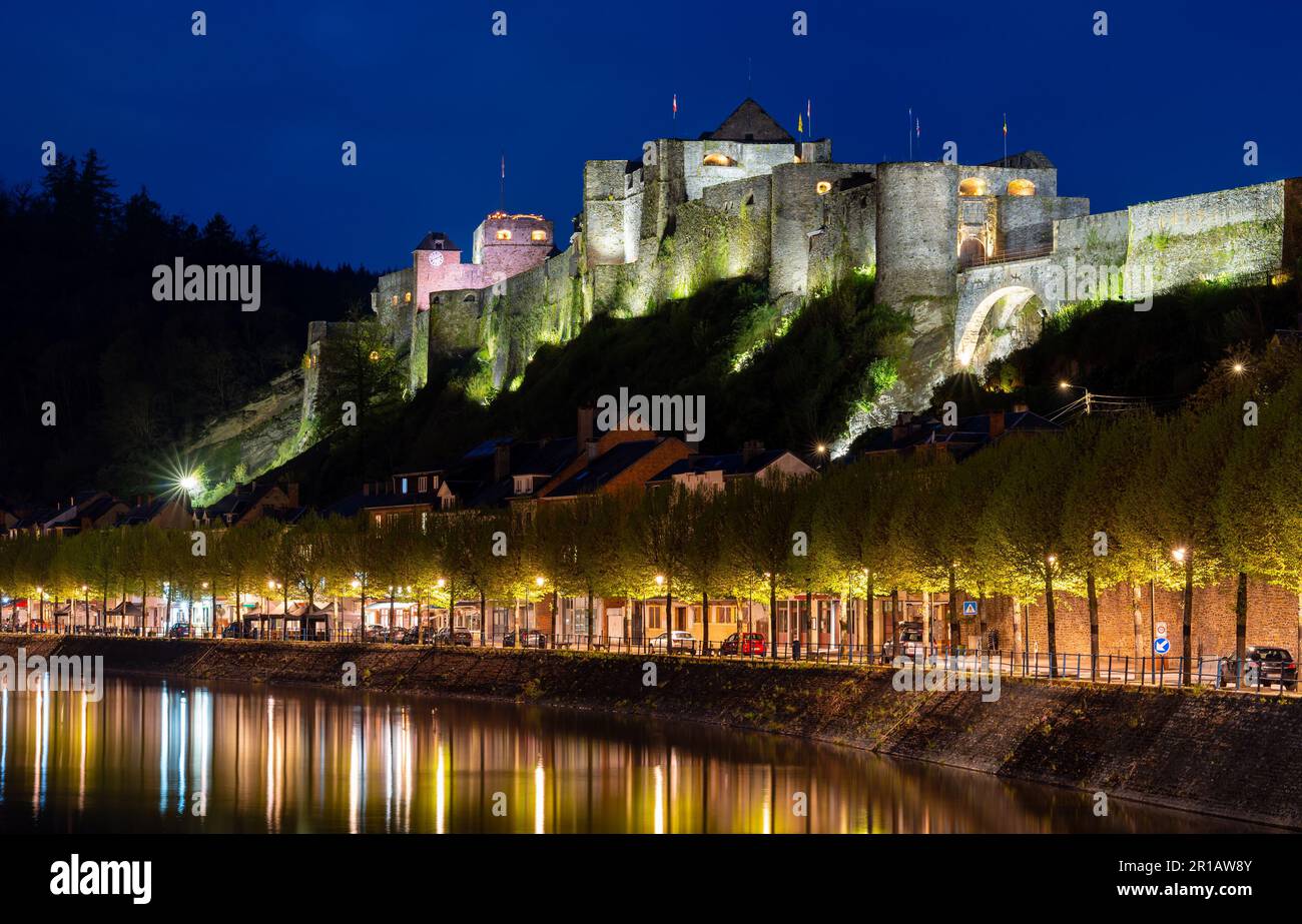 Night scene of the Bouillon Castle by the Semois river, Ardennes ...