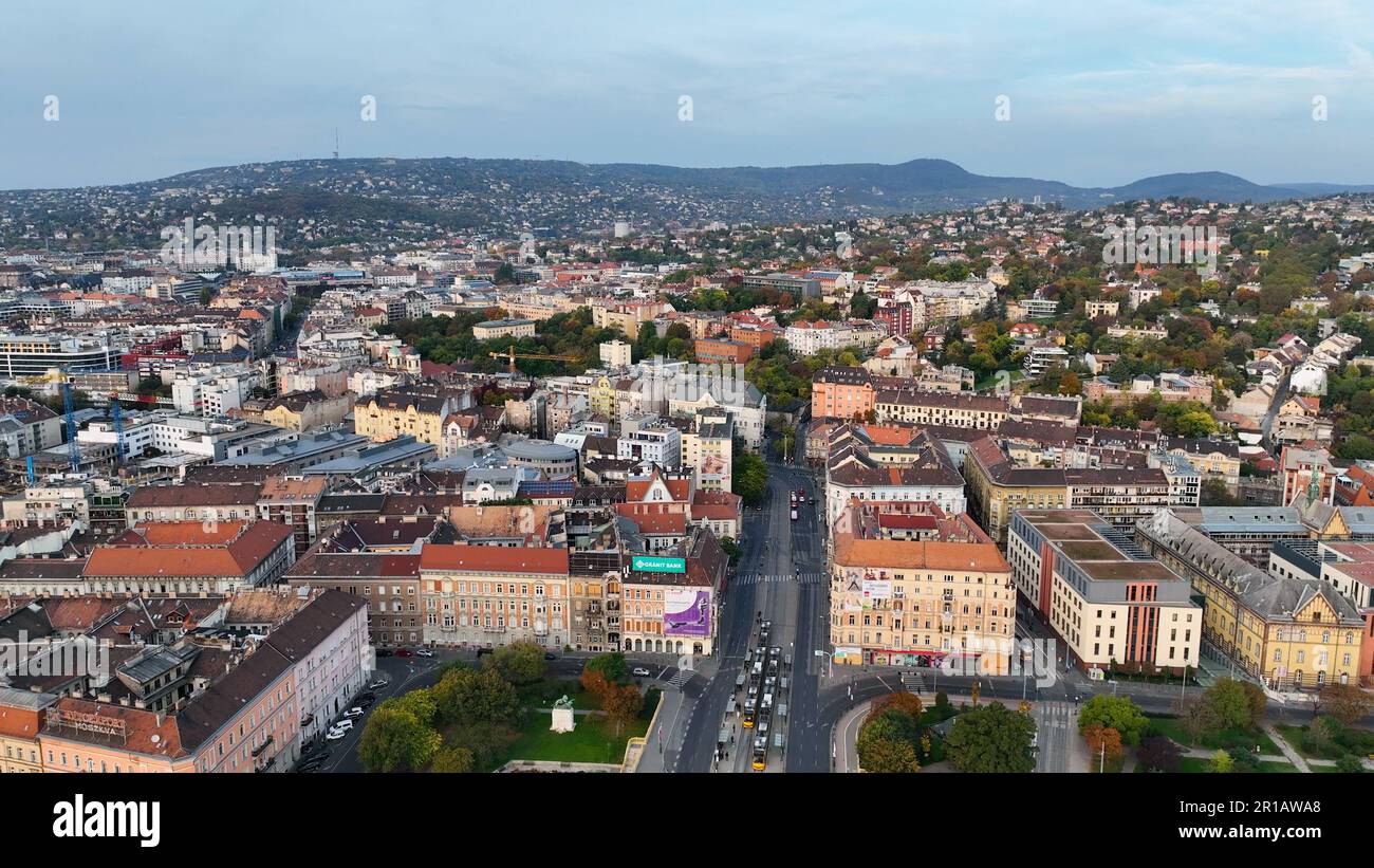 Budapest city sunrise skyline, aerial view. Danube river, Buda side ...
