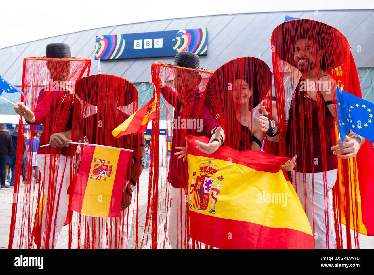 Liverpool - 12 May 2023 - Spanish Eurovision fans wave EU flags outside ...