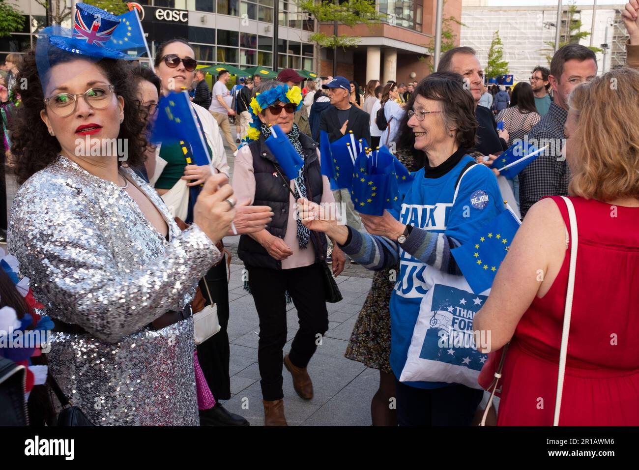 Liverpool - 12 May 2023 - Activisit distributes EU flags outside the ...