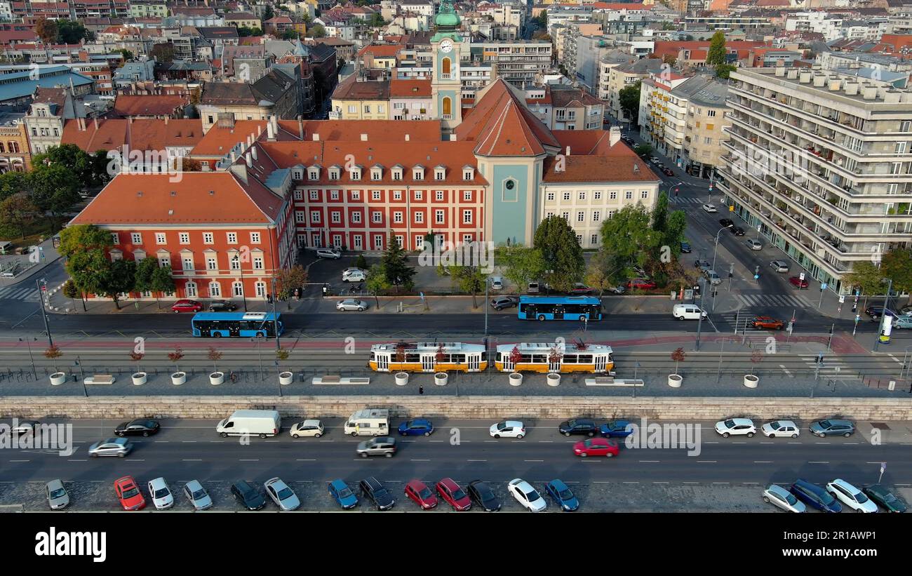Typical Budapest Tram passing through city neighbourhood in beautiful ...