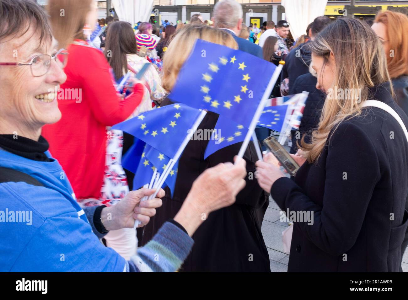 Liverpool - 12 May 2023 - Activisit distributes EU flags outside the ...