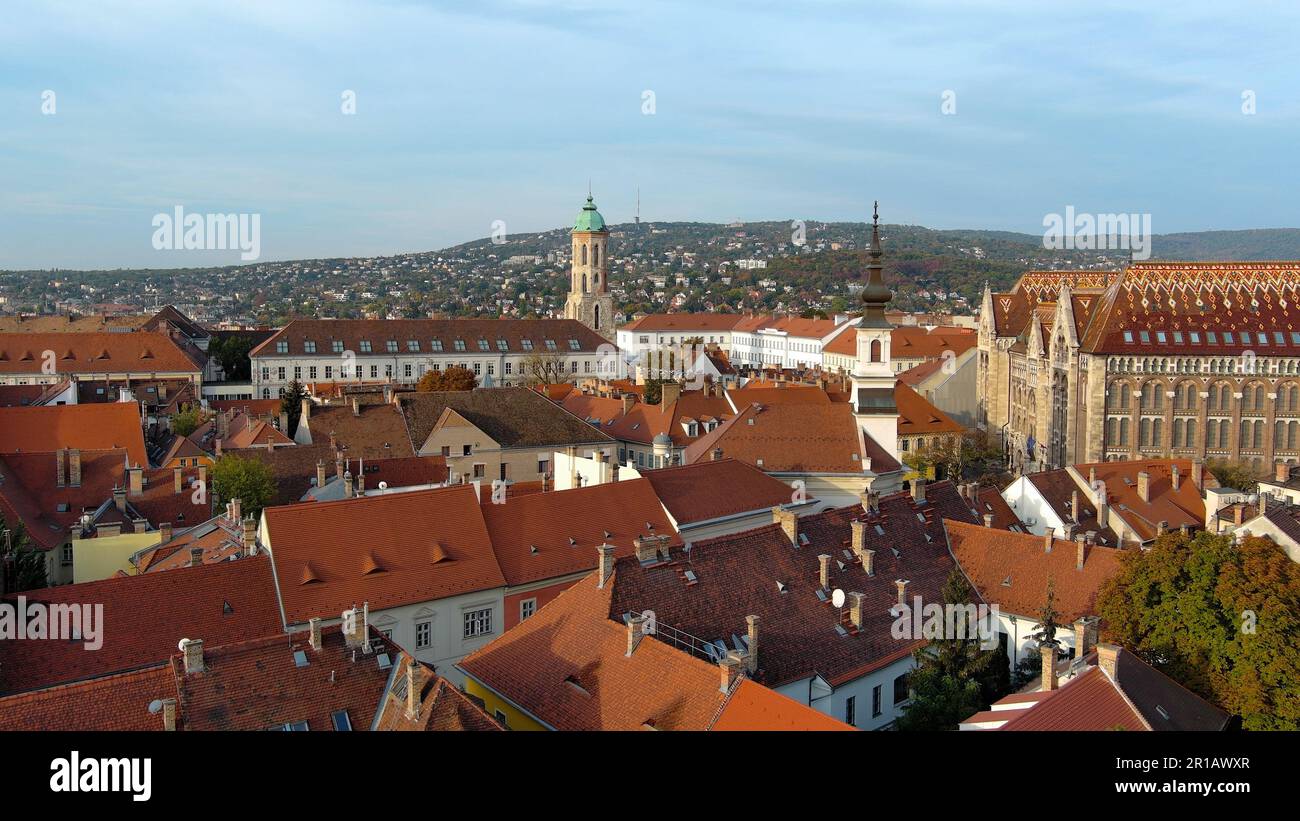 Aerial view of Budapest city skyline. Church of Mary Magdalene of Buda ...