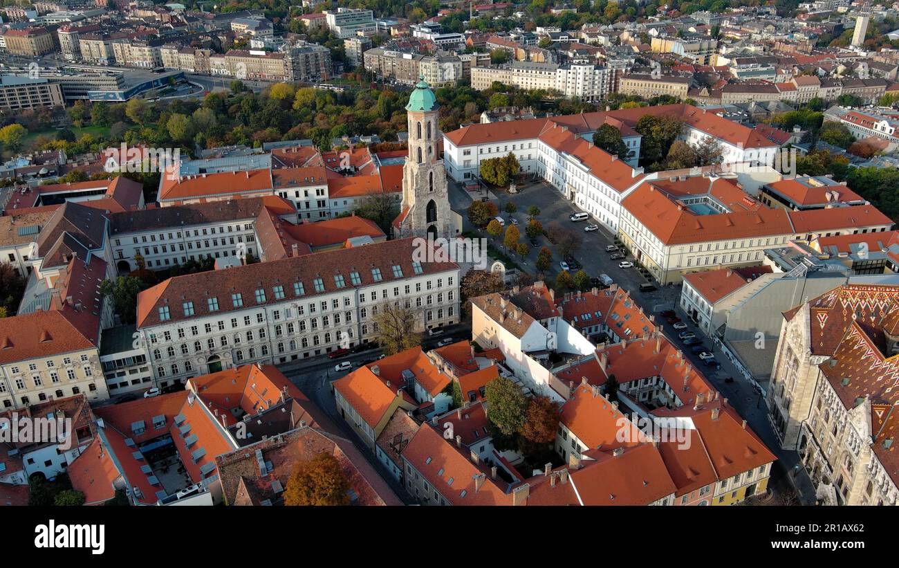 Aerial view of Budapest city skyline. Church of Mary Magdalene of Buda ...