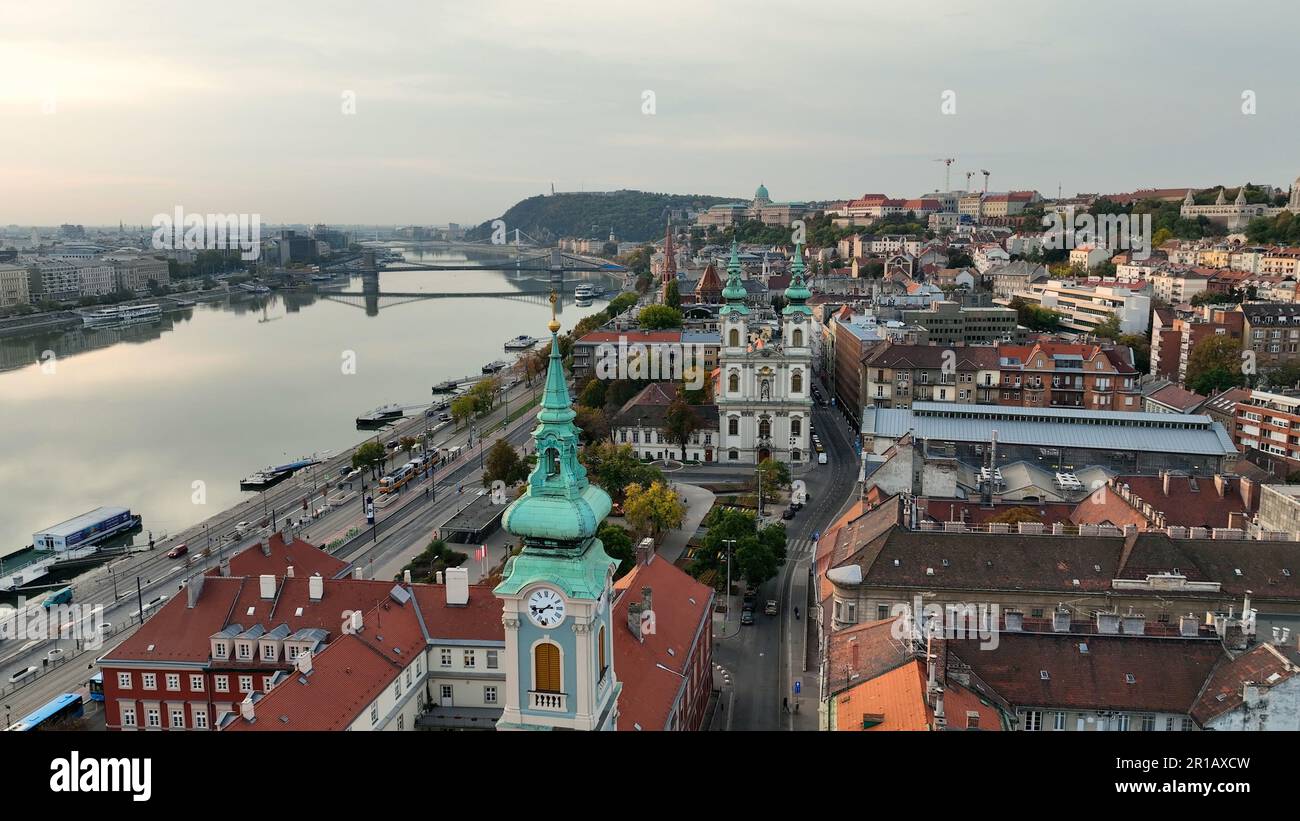 Aerial view of Budapest city skyline, Batthyany Square or Batthyany ter ...