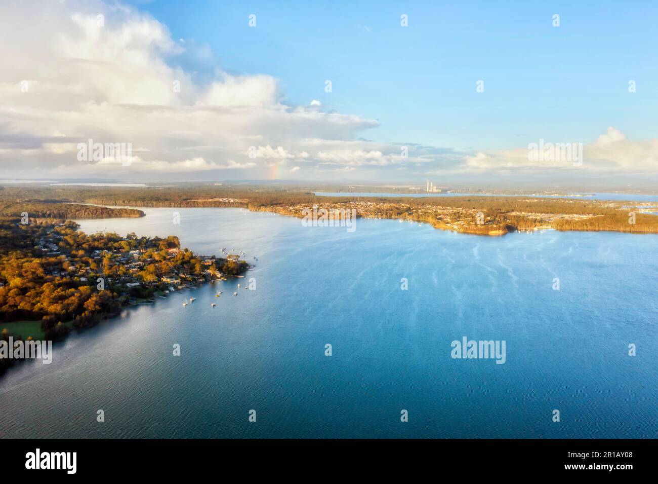 Nords wharf lakeshore town on Lake Macquarie in Australia - aerial ...
