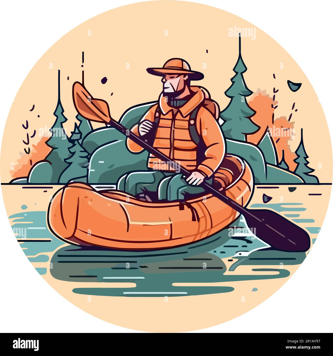 Man paddling canoe in nature, enjoying adventure Stock Vector Image ...
