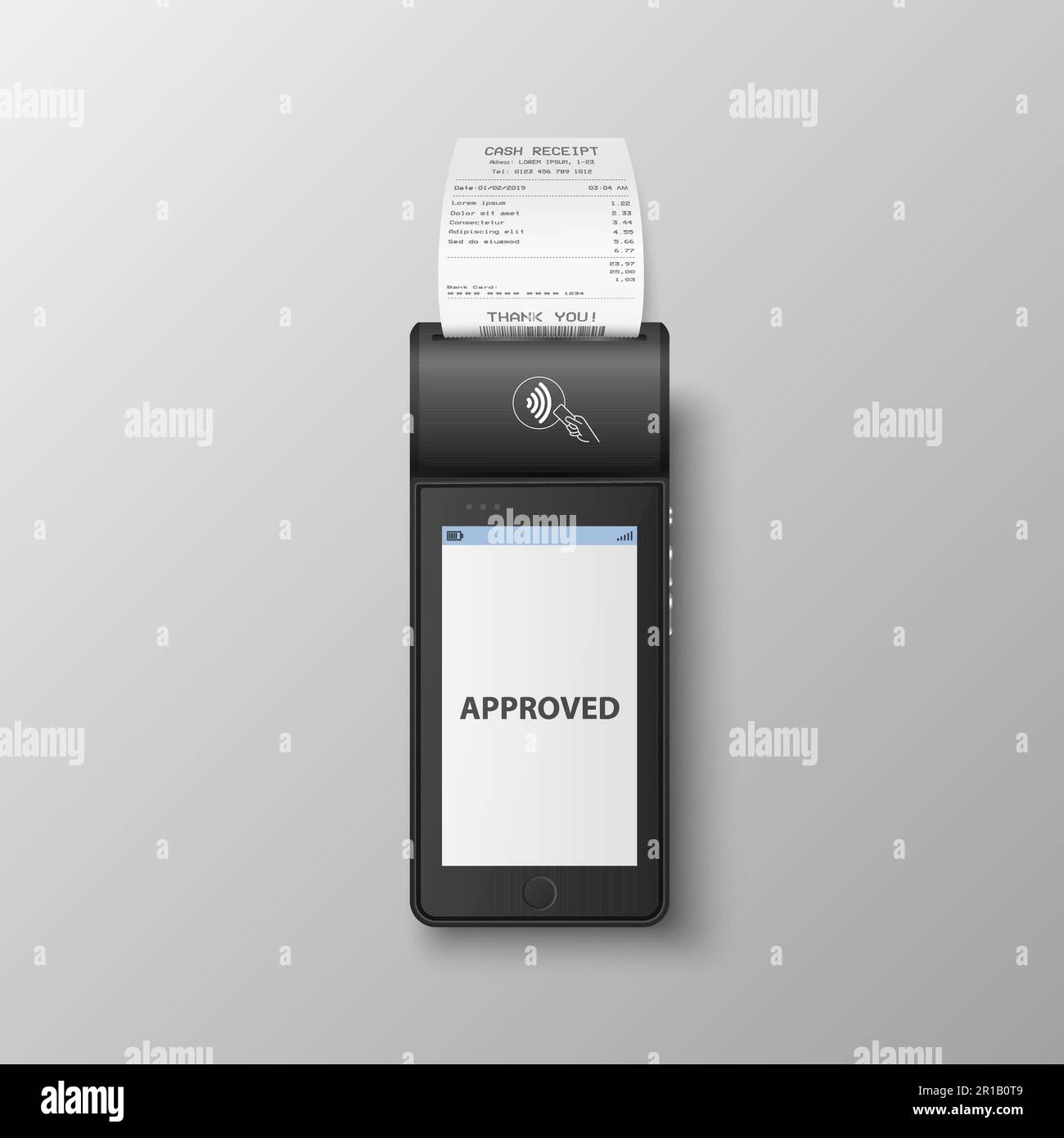 Vector 3d Black NFC Payment Machine with Approved Status and Paper Receipt, Bill. Wi-fi ...